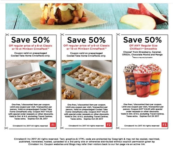 [Cinnabon] Printable coupon 50% off cinnapack & smoothies ...
