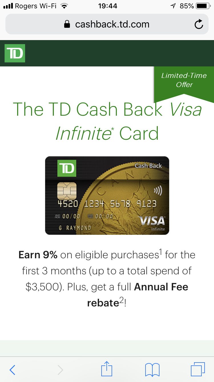 [TD Bank] Targeted, Cash Back Visa Infinite, 9% first 3 months, FYF ...