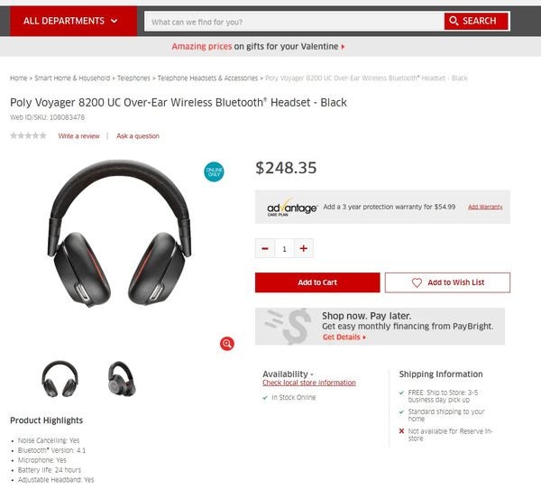 [The Source] POLY (Plantronics) Amazing Headset Voyager 8200 UC- $248. ...