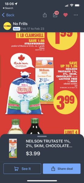 [No Frills] (GTA Ontario) Neilson Trutaste filtered 2% Milk $3.99 4L ...