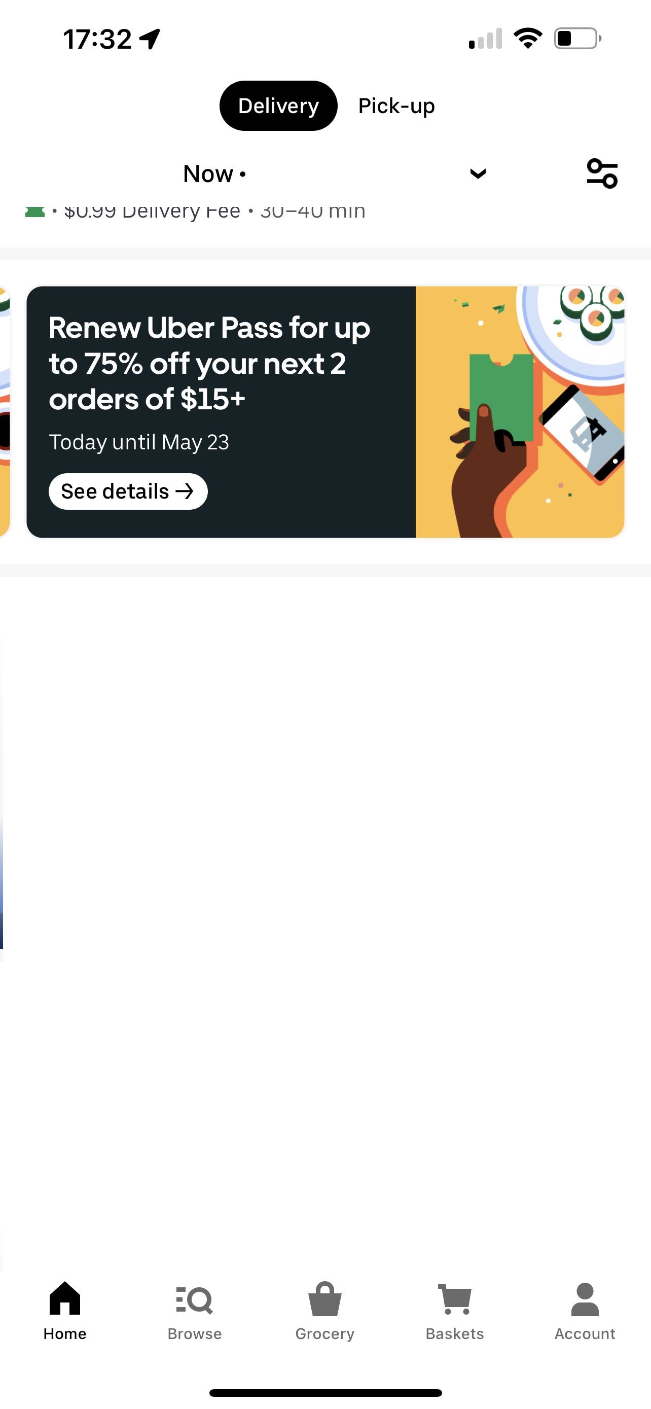 [Uber Eats] Up to 75% off next 2 delivery orders by renewing your Uber ...
