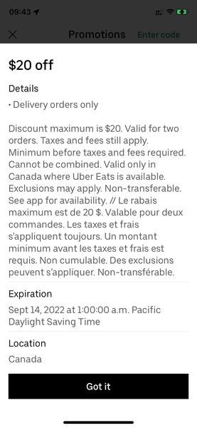 [Uber Eats] [YMMV] Various promos - 40% off 5 orders, 75% off if ...