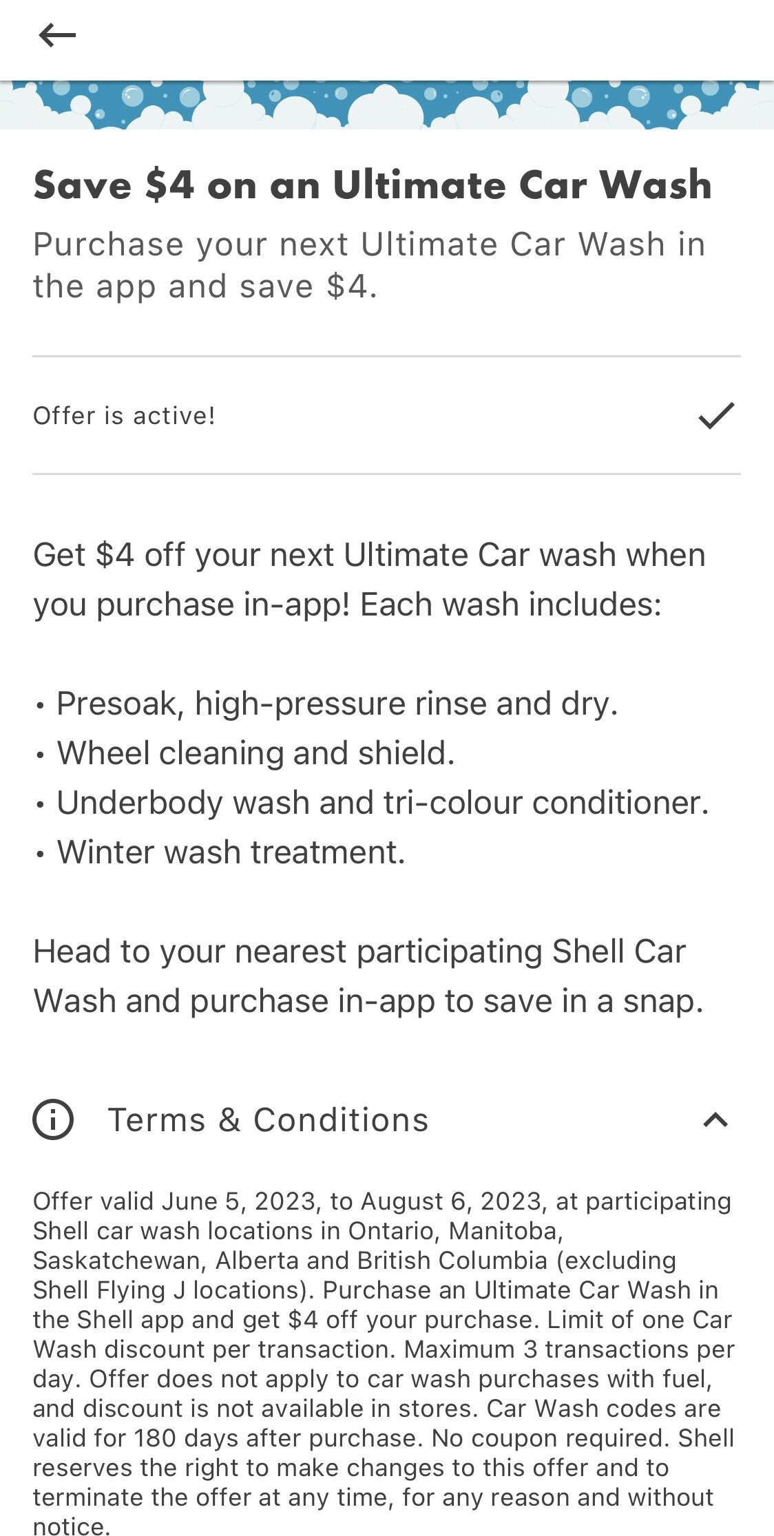 [Shell] June 5-Aug 6: $4 Off $14.99 Ultimate Car Wash In App - 10% CAA ...