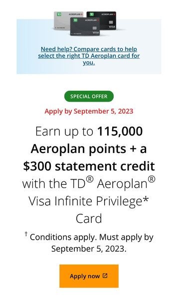 [TD Bank] TD Aeroplan Visa Infinite Privilege In-Path Offer: 115,000 ...