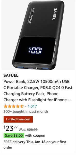 [Amazon.ca] SAFUEL Power Bank, 22.5W 10500mAh USB C Portable Charger ...