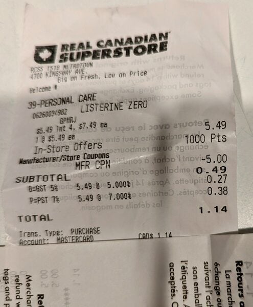 [Real Canadian Superstore] Listerine Mouthwash 1L, almost Free (with ...