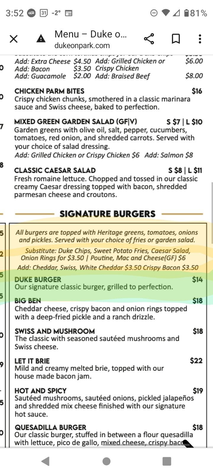 [Duke on Park] Mondays $7 Duke burger and fries with beverage purchase ...