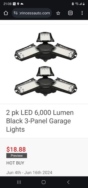 [Princess Auto] 2 pk LED 6,000 Lumen Black 3-Panel Garage Lights $18.88 ...