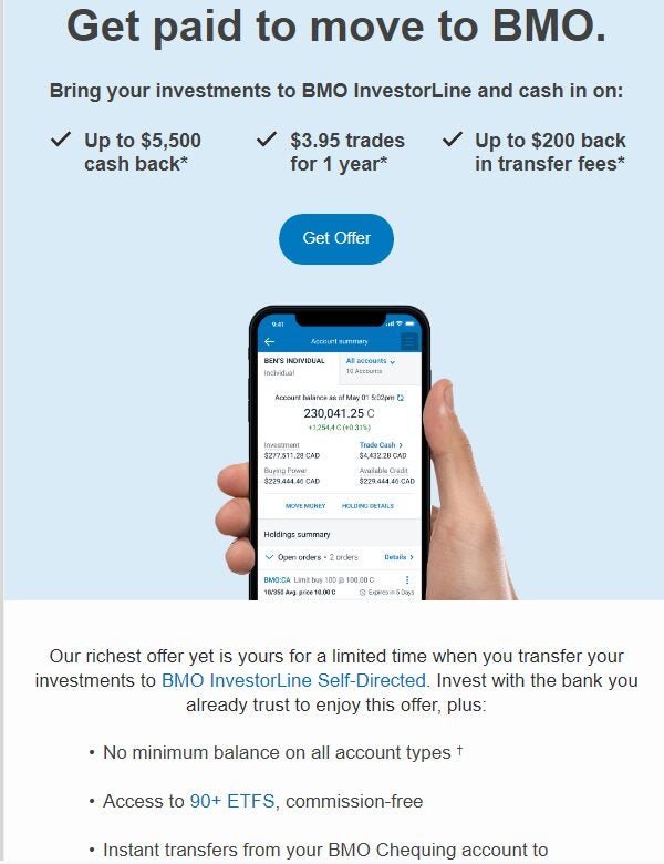 [BMO] BMO InvestorLine cashback + 1 yr $3.95 trades (Targeted ...