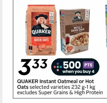 [Sobeys] Quaker Instant Oatmeal or Hot Oats 232G-1KG for $2.08/each if ...