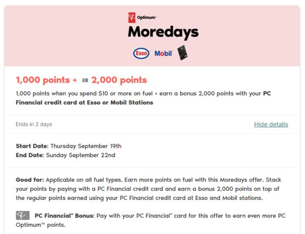 [Esso] Esso and Mobil gas offer earn 1000 PC points (+2000 points if ...