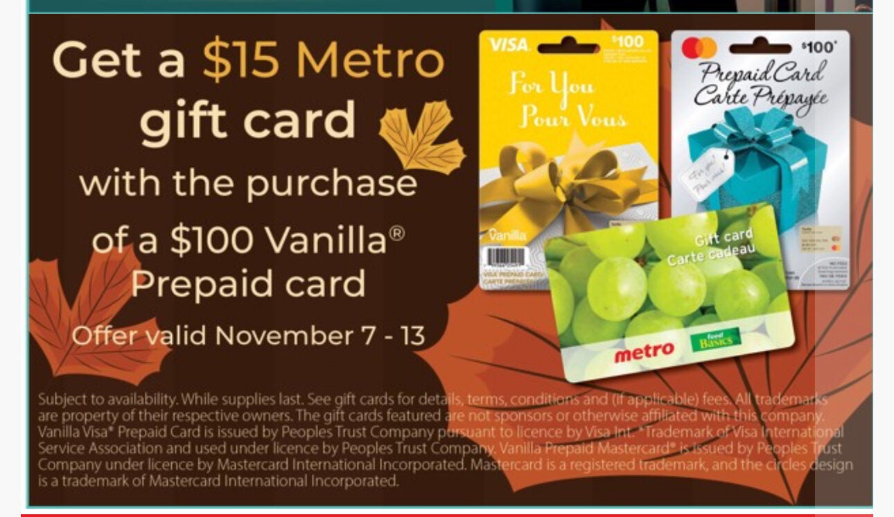 [Metro] Bonus $15 Metro/FoodBasics GC when you buy $100 Vanilla Prepaid ...