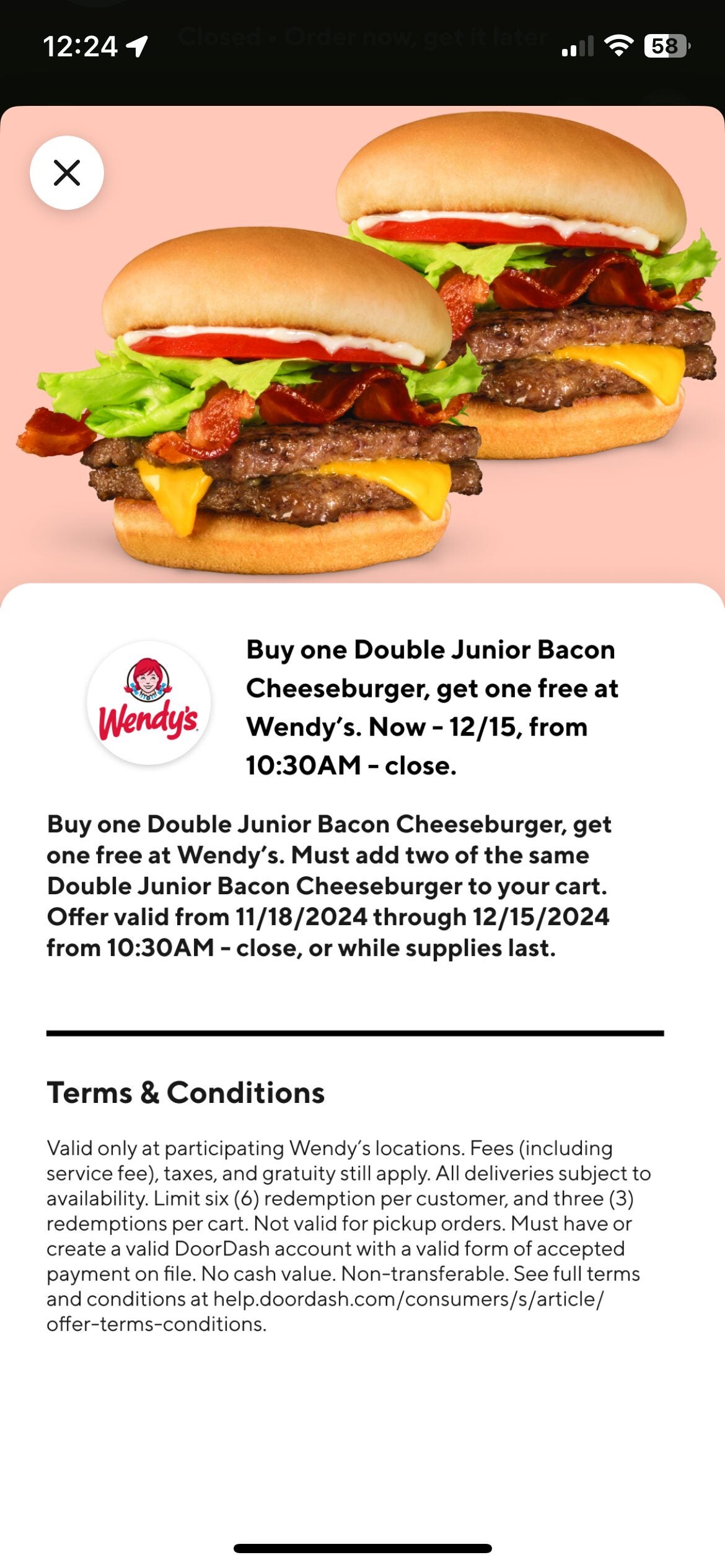 [Wendy's] BOGO Double Junior Bacon Cheeseburgers (Door Dash; YMMV) - RedFlagDeals.com Forums