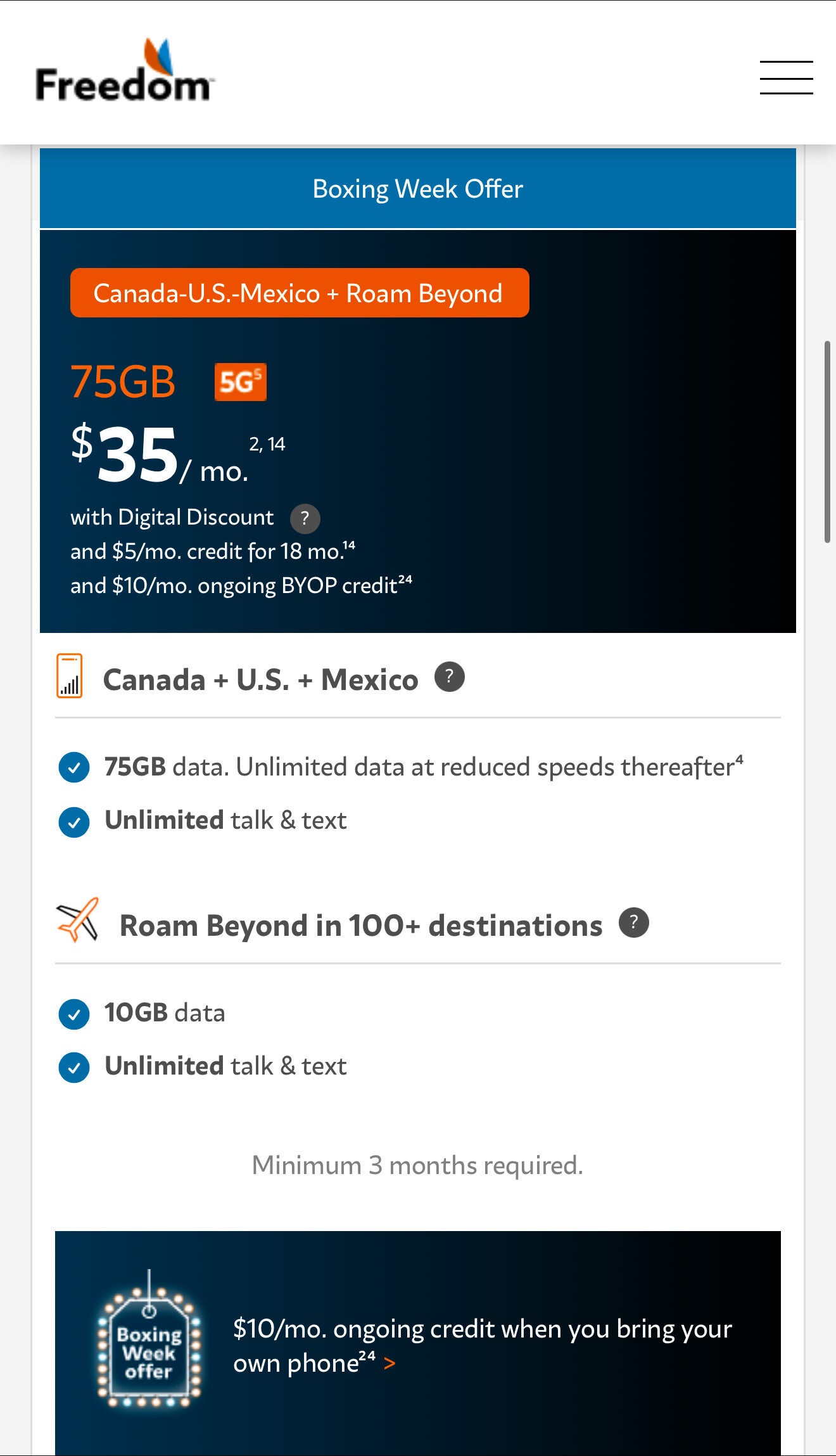 [Freedom Mobile] [Boxing Day] $35 75GB CAN/US/MEX + 10GB Beyond Roam ...
