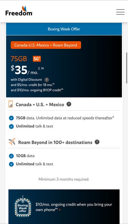 [Freedom Mobile] [Boxing Day] $35 75GB CAN/US/MEX + 10GB Beyond Roam ...