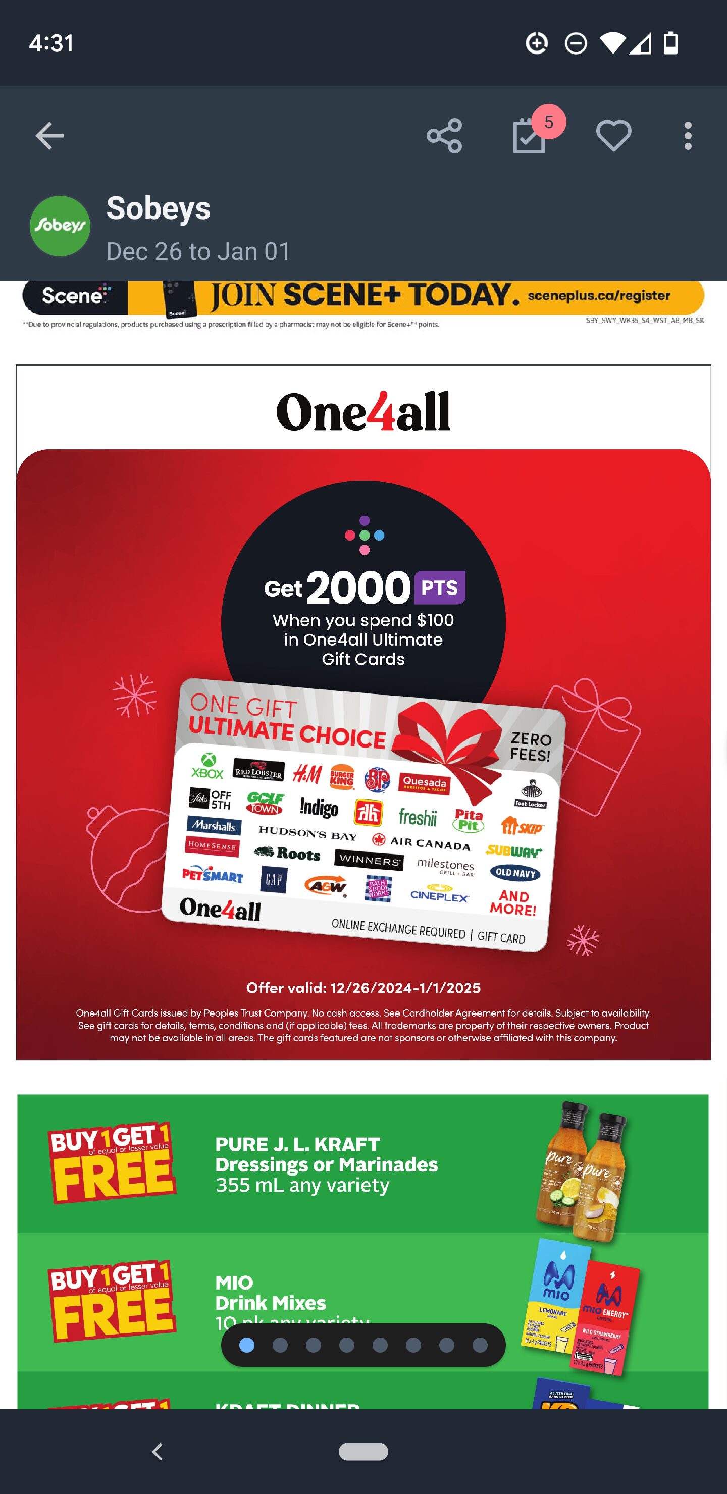 [Sobeys] Get 2000 Scene+ Points When you spend $100 in One4all Ultimate ...