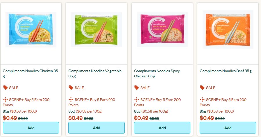 [Sobeys] [Safeway] Compliments Noodles 85g $0.49 + 200 Scene points ...
