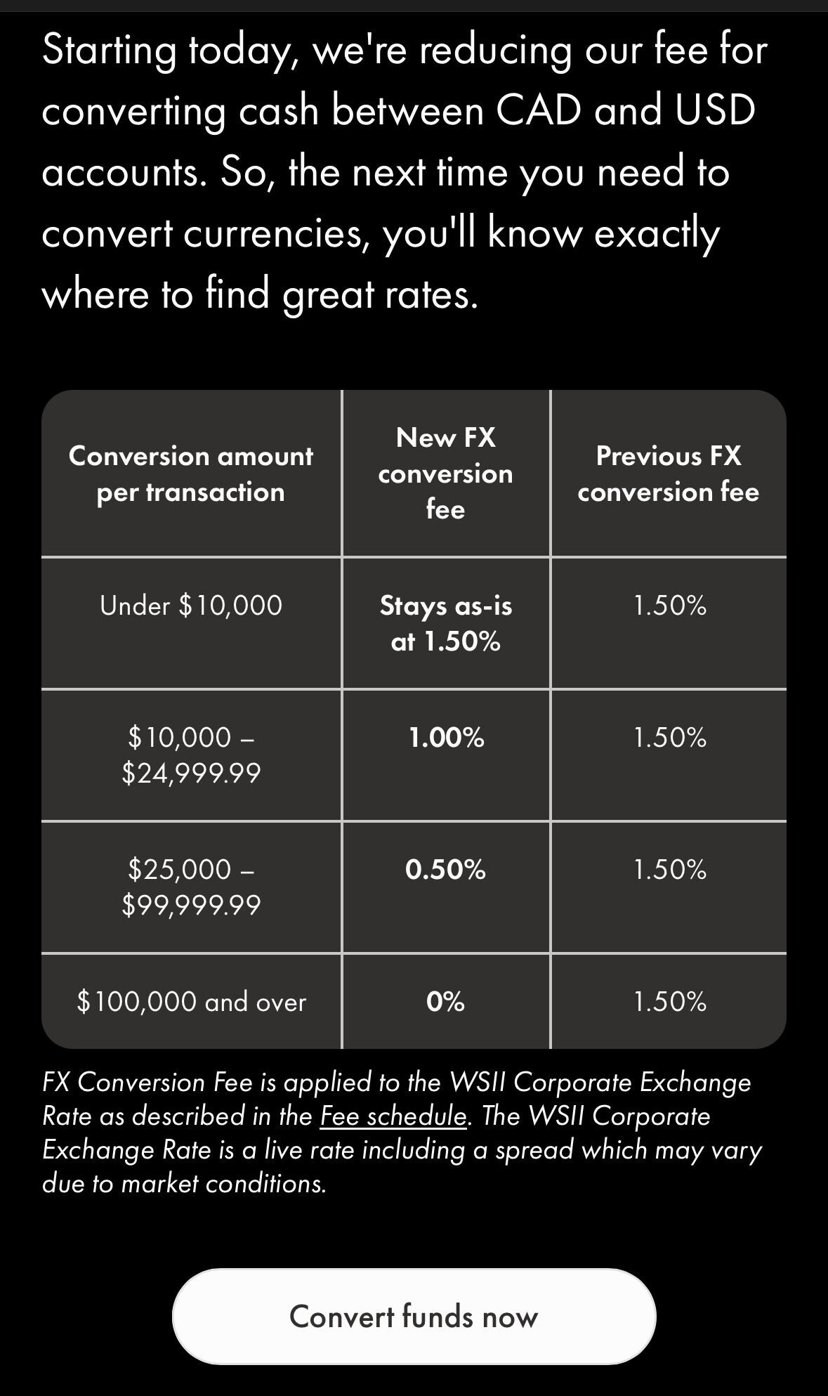 Wealthsimple 0% US conversion fee with 100k minimum conversion, reduced ...