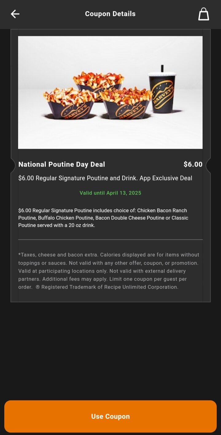 [Harvey's] Harvey's Loaded Poutine + Drink = $6 (App Exclusive Deal ...