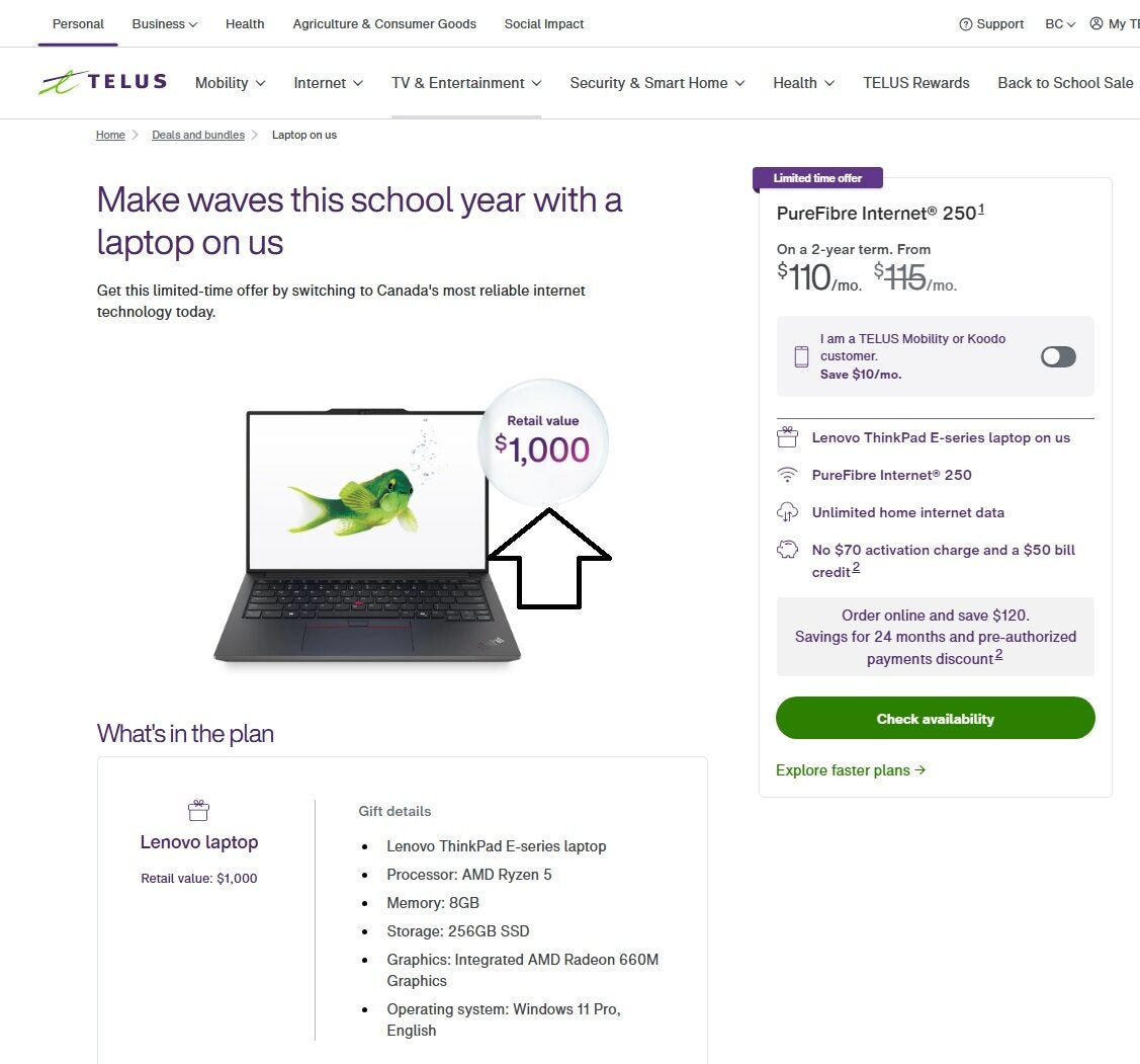 [Telus] Back to School - Free $1,000 Lenovo Laptop with 2 year Internet ...
