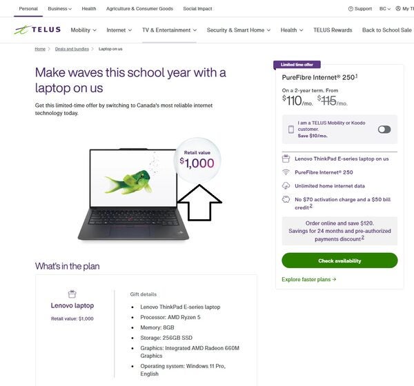 [Telus] Back to School - Free $1,000 Lenovo Laptop with 2 year Internet ...