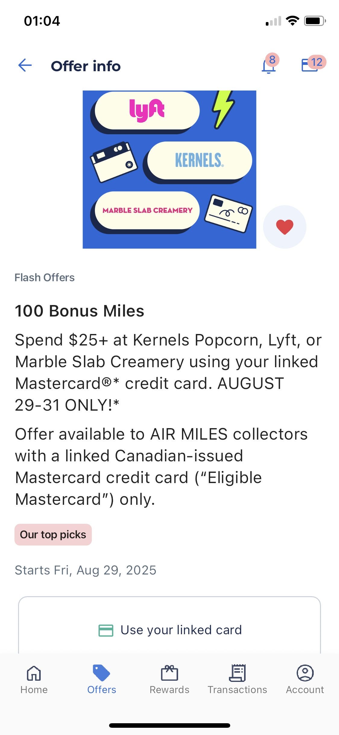 [Air Miles] Flash Offer: 100 bonus miles on $25 spend at Kernels, Lyft ...