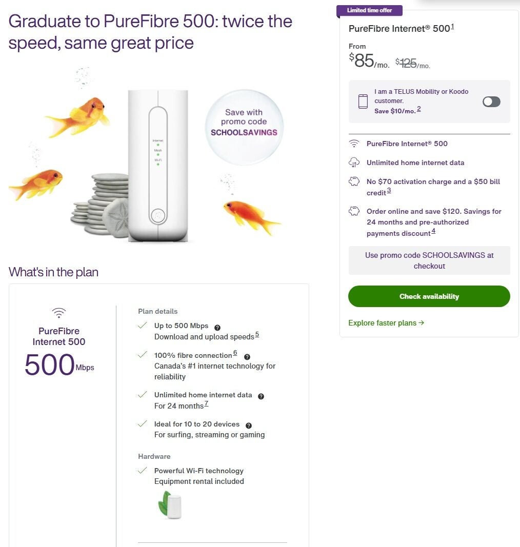 [Telus] PureFibre 500 for $85/month ($75 for Koodo/TELUS mobility ...