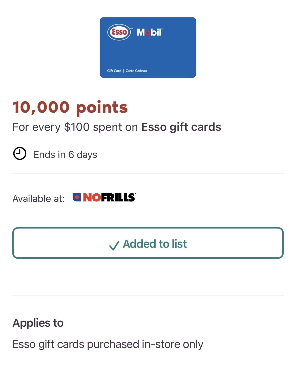 [No Frills] ESSO gift card 10,000 pc optimum points for every $100 ...