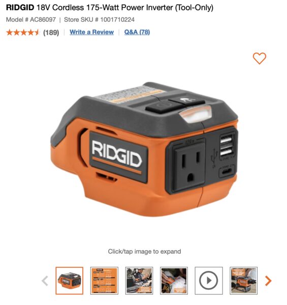 [Home Depot] RIDGID 18V Cordless 175-Watt Power Inverter (Tool-Only ...