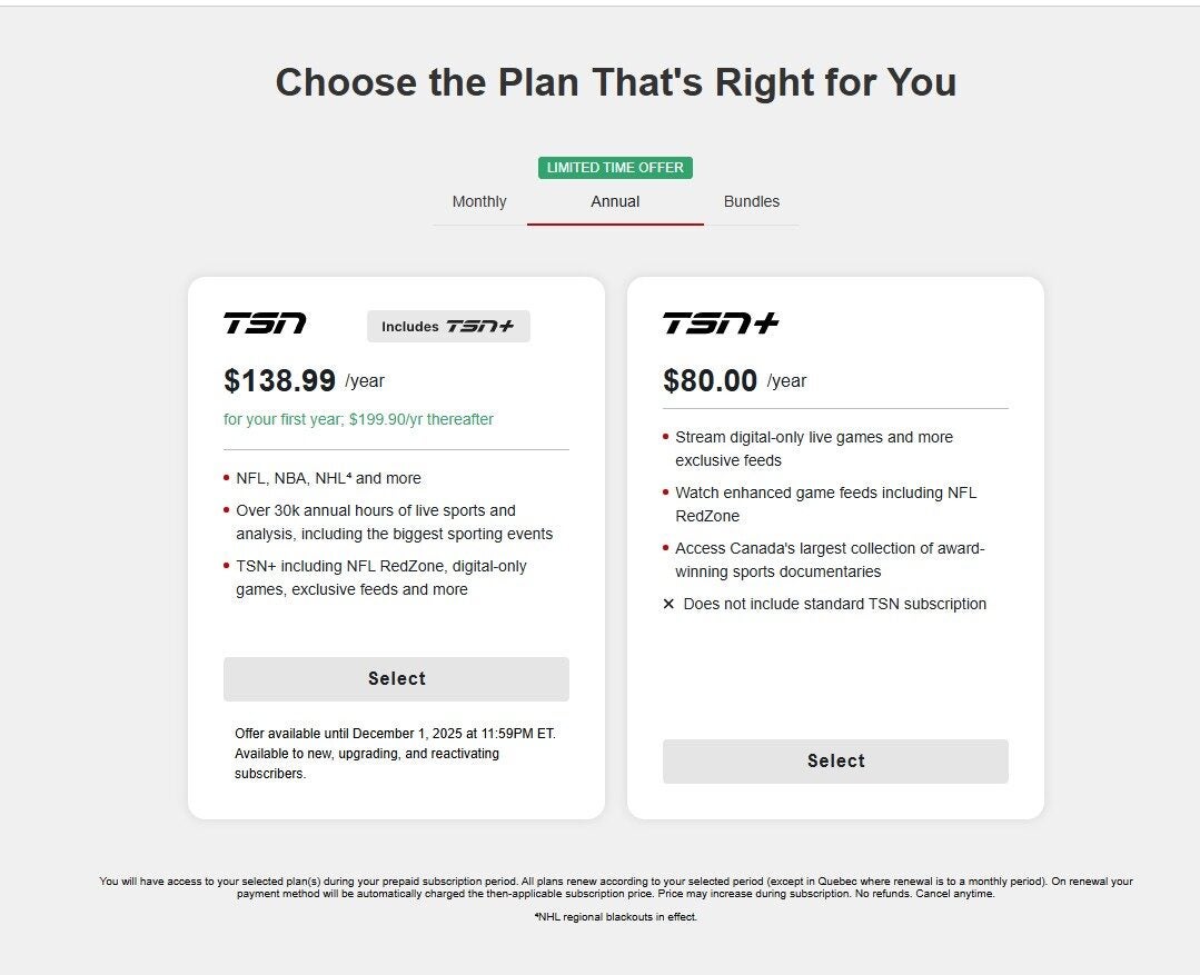 [TSN] TSN Streaming Annual Plan - Black Friday sale for $138.99 (30% ...
