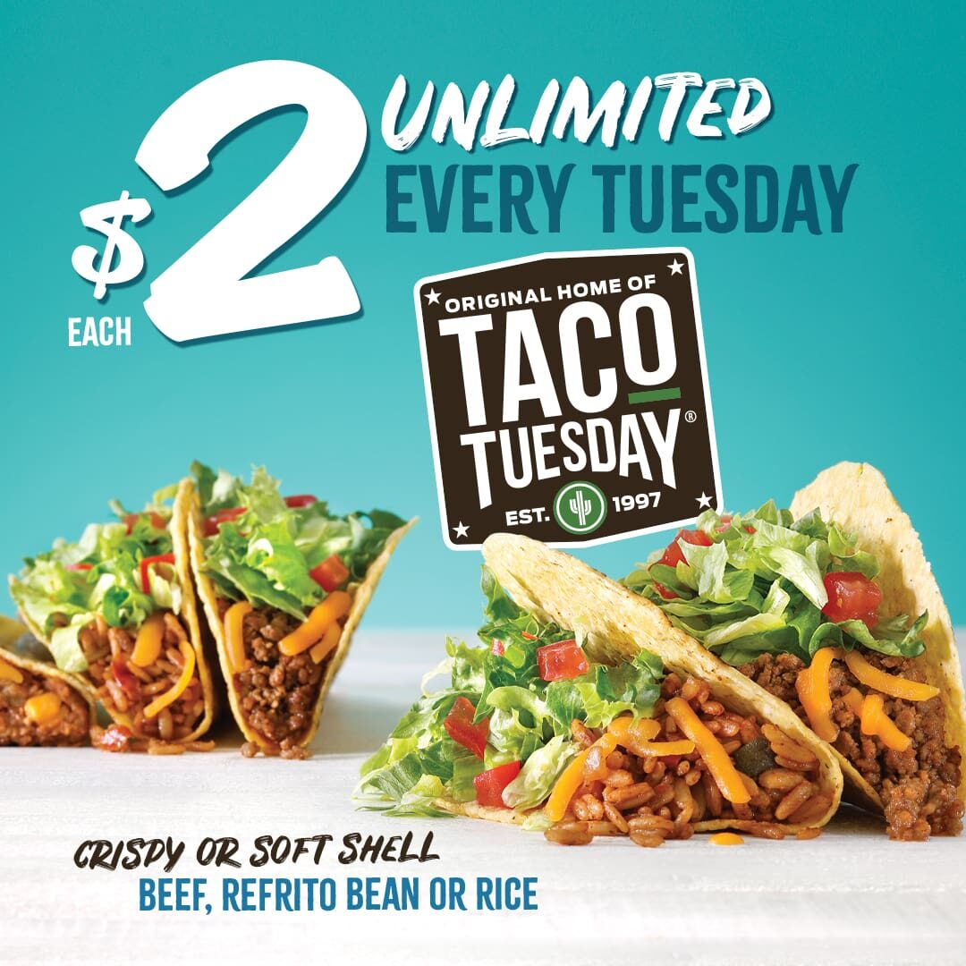 [Taco Bell] $2 Taco Tuesdays. Limited time offer. Applies to crunchy or ...