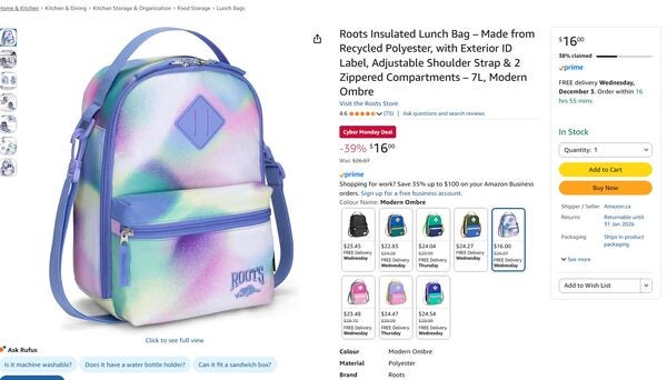 [Amazon.ca] [Black Friday] Roots Insulated Lunch Bag $16.00 Reg $26.07 ...