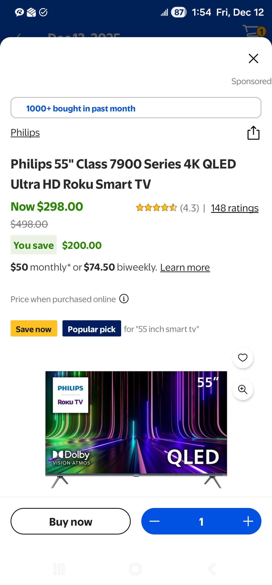 [Walmart] $298 Philips 55" 4K QLED Ultra HD Roku Smart TV - Sold and ...