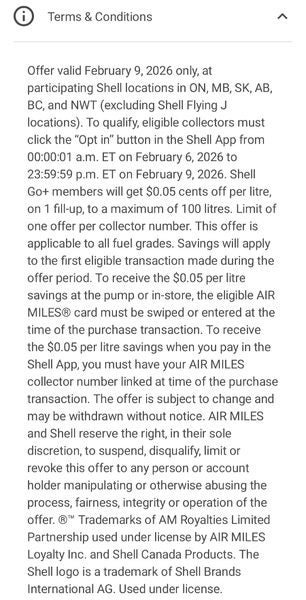 [Shell] shell go members save 5 cents/ liter- Feb 9 only - YMMV ...