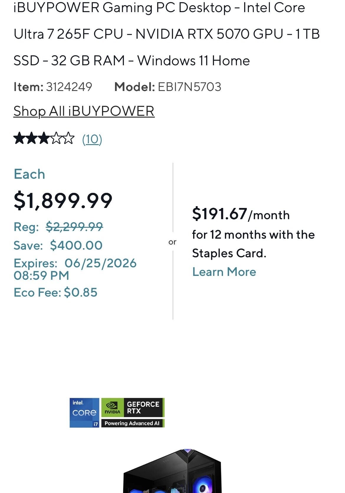 [Staples] iBUYPOWER Gaming PC Desktop (Intel Ultra 7 265F/NVIDIA RTX ...