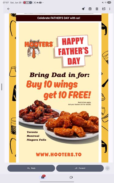 [Hooters] June 21. BOGO wings for Father's Day at Hooters. Toronto ...