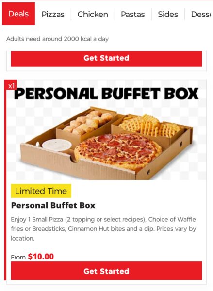 [Pizza Hut] $10 Personal Buffet Box, 9" small pizza, cinnamon bites and ...